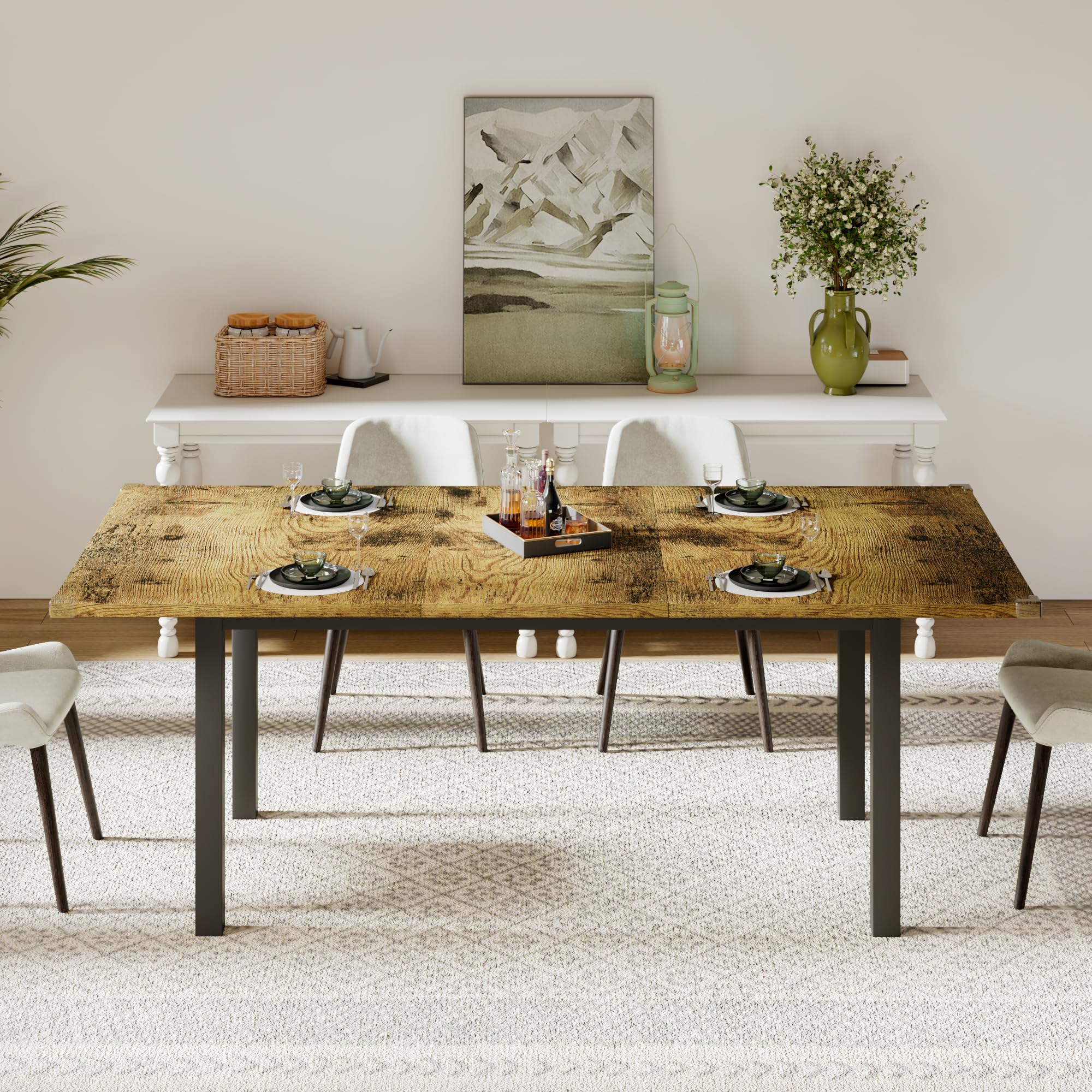 Feonase 63" Extendable Dining Table, Modern Farmhouse Dining Room Table for 4-8, Wooden Kitchen Table for Small Space, Dining Room, Home Office, Living Room Furniture, Rustic Brown