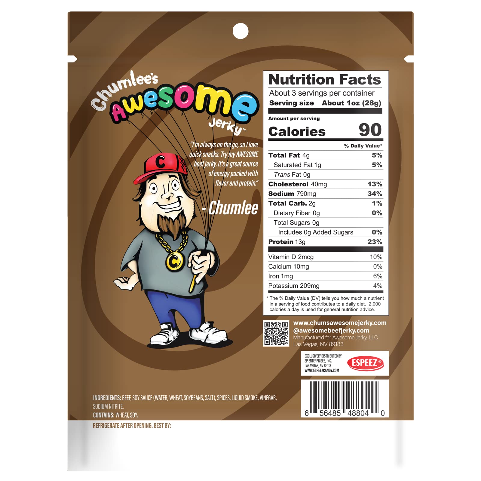 Chumlee's Awesome Beef Jerky, Handcrafted Meat Snack, High Protein, Sugar Free, Original Cut 3 oz Bag