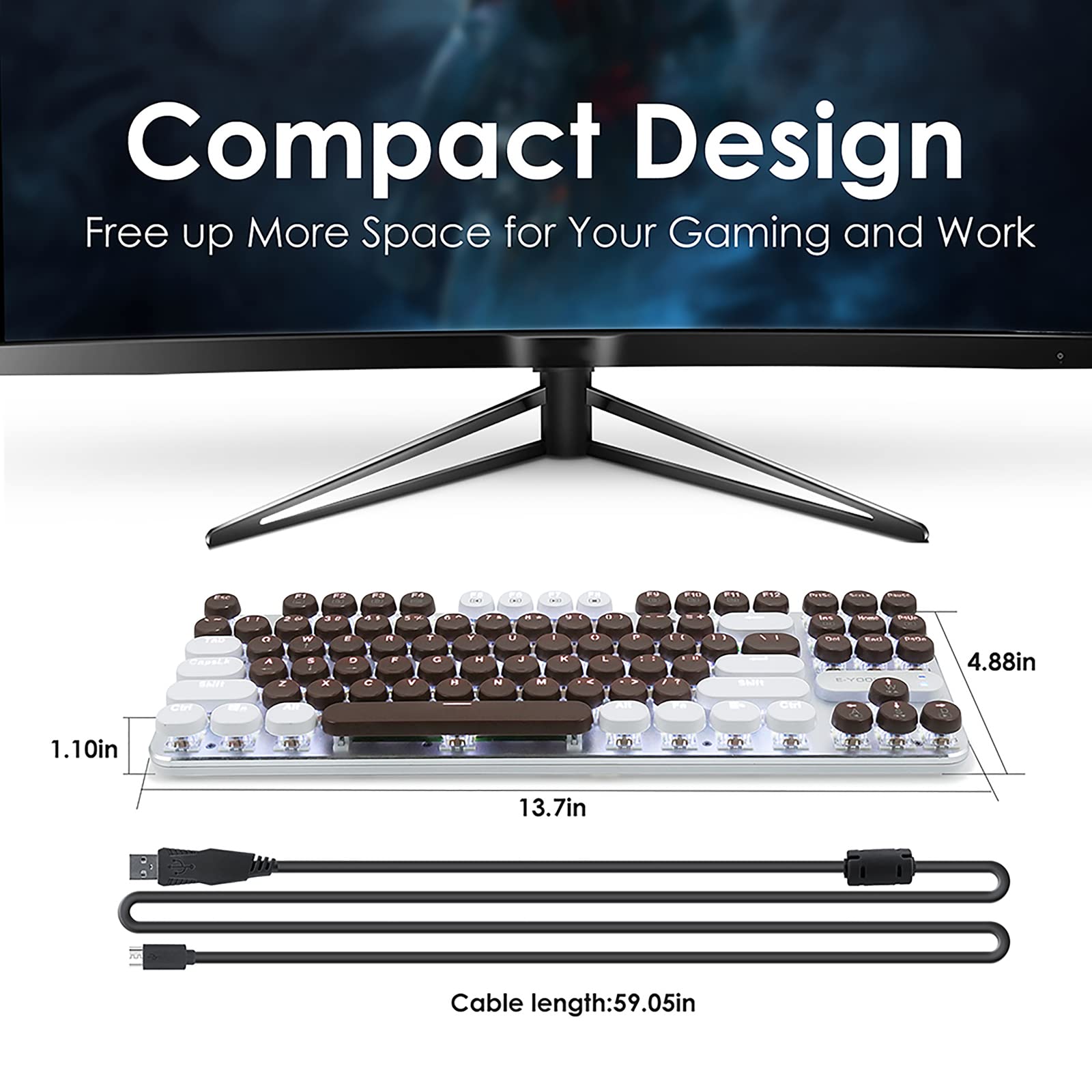 DEANEEK Typewriter Style Mechanical Keyboard 87 Key Retro Punk Round Keycap LED Backlit USB Wired Gaming Keyboards with White LED Backlit, Round Keycaps for Windows/Mac/PC (Blue Switch)