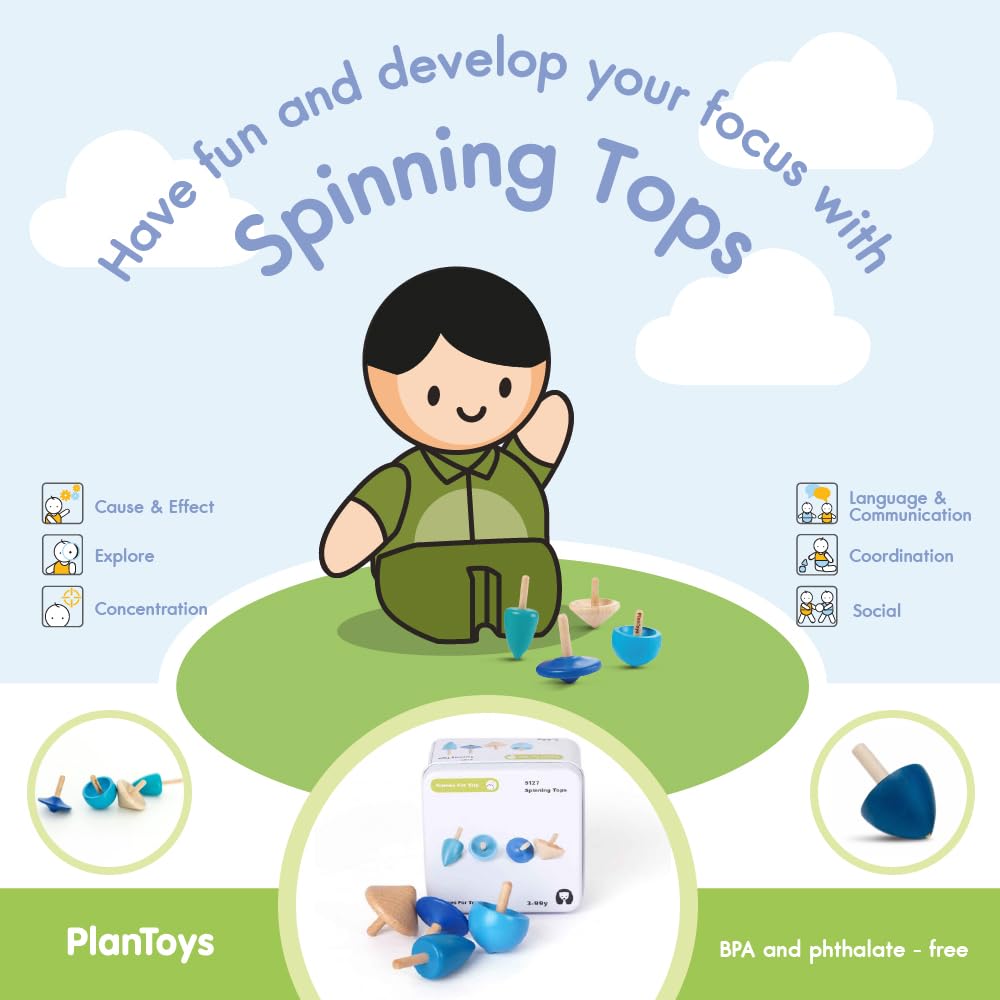 PlanToys Wooden Spinning Tops (4132) | Sustainably Made from Rubberwood and Non-Toxic Paints and Dyes | PlanMini Collection