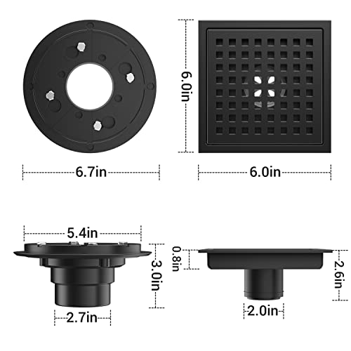 EXF Square Shower Drain 6 Inch Matte Black, Stainless Steel Shower Floor Drain Kit with Flange, Removable Grid Grate, Hair Strainer, Not Fit for Bathtub