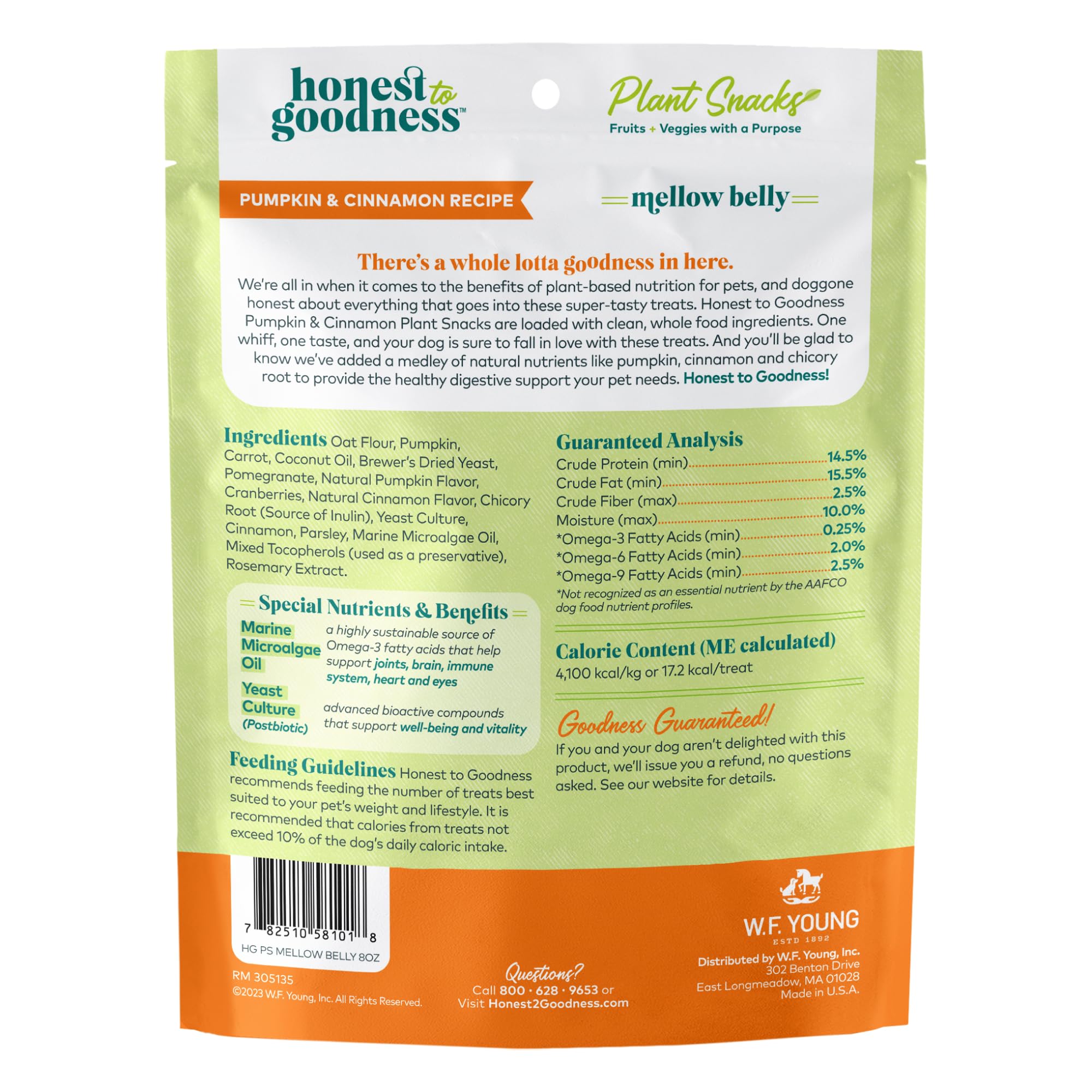 Honest to Goodness Plant Snacks Mellow Belly Pumpkin & Cinnamon Recipe Dog Treats, Enriched with Omega 3s & Postbiotics, 8oz