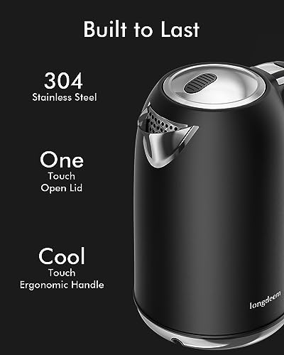 Longdeem Fast-Boil Electric Tea Kettle, 1.7L Stainless-Steel Water Heater, 1500W, Cordless Matte Black Design with LED, Auto-Shutoff & Anti-Dry Protection