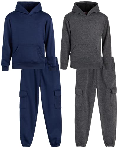 Quad Seven Boys' Fleece Jogger Set - 4 Piece Basic Solid Pullover Hoodie and Sweatpants (Size: 8-18), Size 8/10, Navy/Charcoal