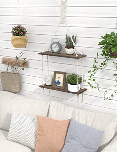 Sonefreiy Rustic Hanging Shelves 2 Tier White Rope Brown Wood Floating Shelf Window Plant Shelves for Bathroom Bedroom Living Room