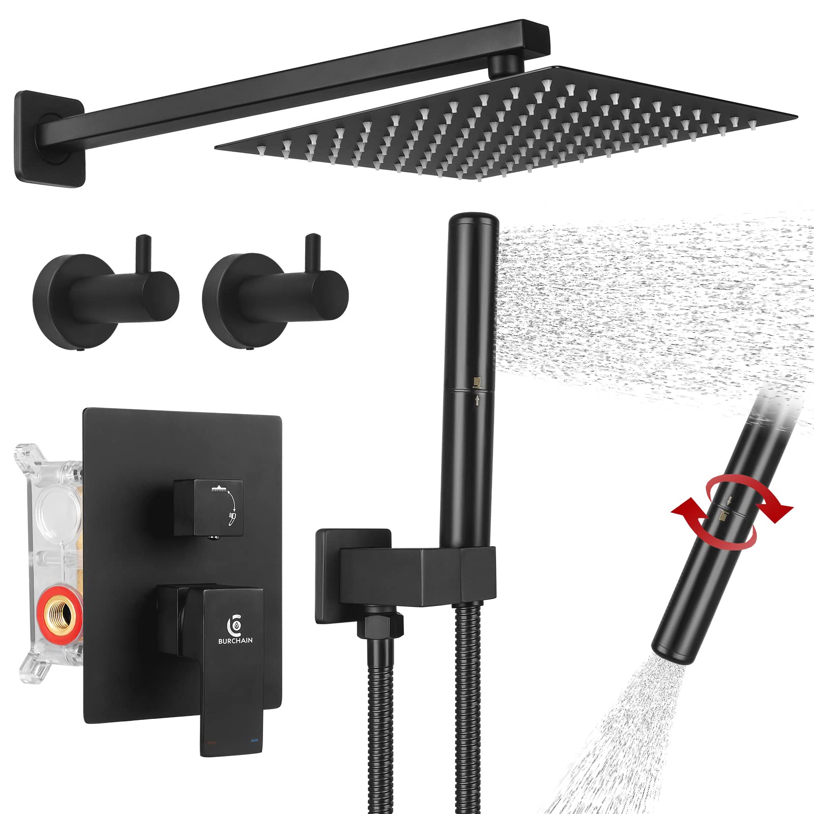 BURCHAIN Shower System Bathroom Luxury Shower Faucet with 10 Inches Wall Mounted Rain Shower Head 2 in 1 Handheld Shower Head and Trim Include(Matte Black)