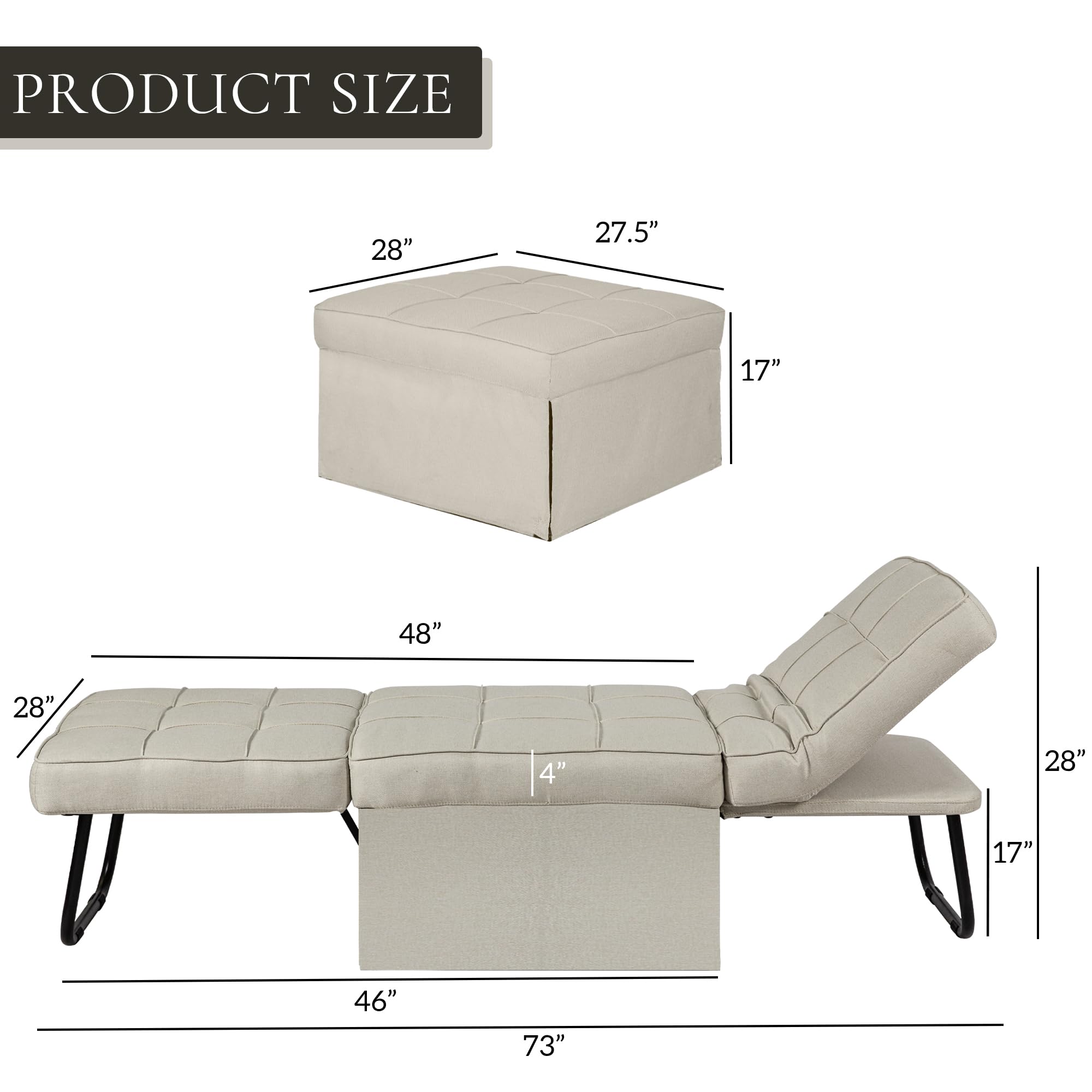 IJIALIFE Chair Bed Sleeper, 4 in 1 Convertible Ottoman Bed, Folding Sleeper Sofa Chair with Adjustable Backrest, No Assembly Required for Apartment, Living Room and Bedroom,Beige