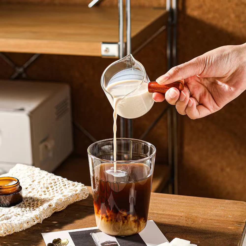 DEESUNG 2 Pack - Espresso Shot Glasses, Double Spouts, High Borosilicate Glass Material with Wood Handle, 2 OZ (75 ml) Capacity, Multiple Functions, Coffee Cup, Honey jar, Salad jar