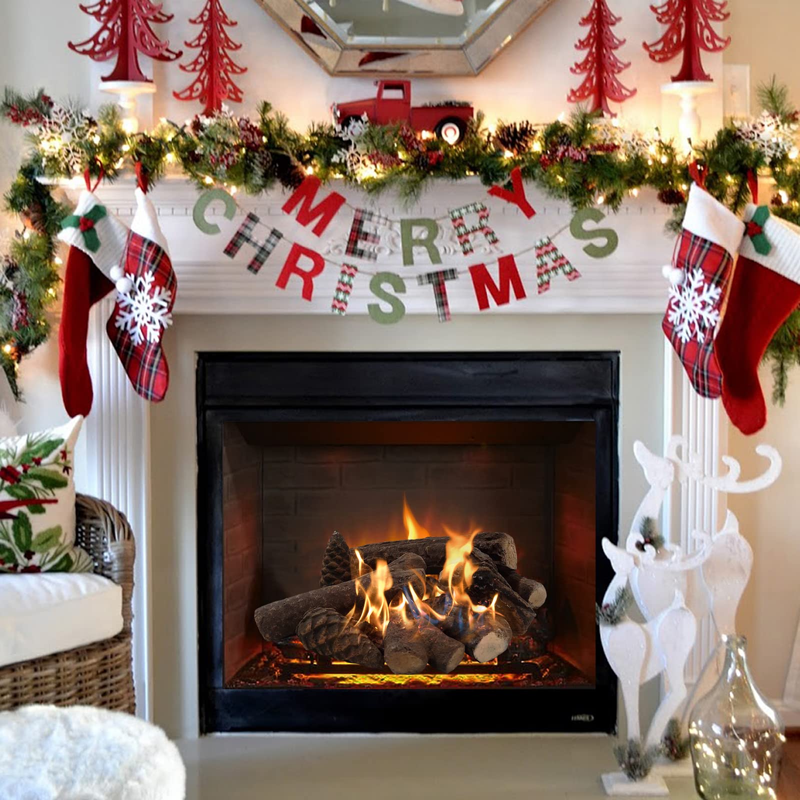 Skypatio Gas Fireplace Logs Set, 9 PCS Ceramic Wood Logs for Indoor or Outdoor Fireplace, Fire Pit Decor, Lightweight & Portable