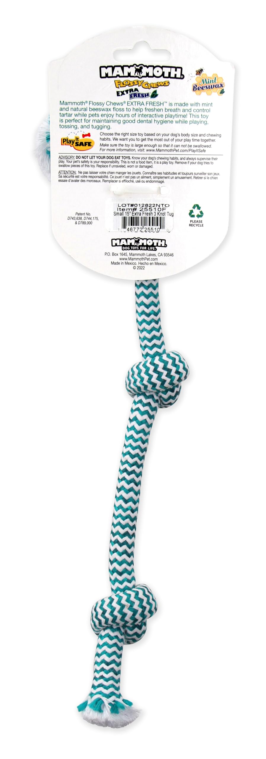Mammoth Flossy Chews Extra Fresh Rope Tug – Premium Cotton-Poly Yarn with Floss Tug Toy for Dogs – Interactive Dog Rope Toy – Tug Dog Chew Toy for Small Dogs - Small, 15”