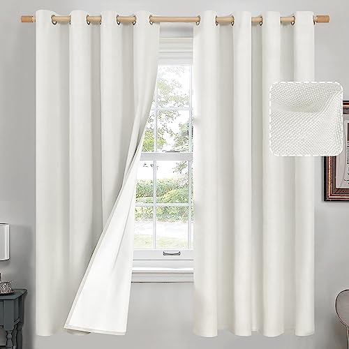 QUEMAS Linen Blackout Curtains for Bedroom 63 Inches Length 2 Panels, 100% Black-Out Curtains for Living Room Darkening, Thermal Insulated Soundproof Grommet Window Drapes (52 x 63 Inch, Ivory White)