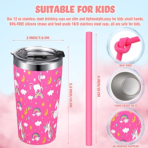 Shellwei 2 Pack Kids Cups with Lids and Straws Toddler Smoothie Cup with Rainbow Unicorn Pattern Leak Proof Spill Proof Straw Cups for Girls Stainless Steel Insulated Tumbler for Hot Drink (12 oz)