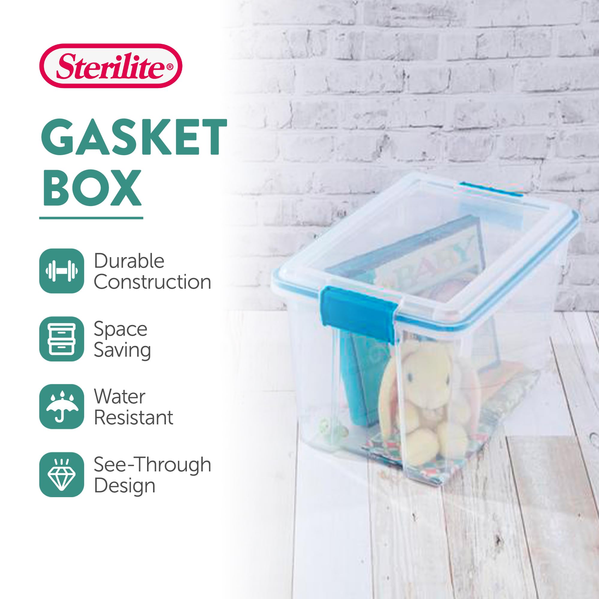 Sterilite 12-Pack Gasket Box, Plastic Storage Bins with Latching Lids, 20 Quart