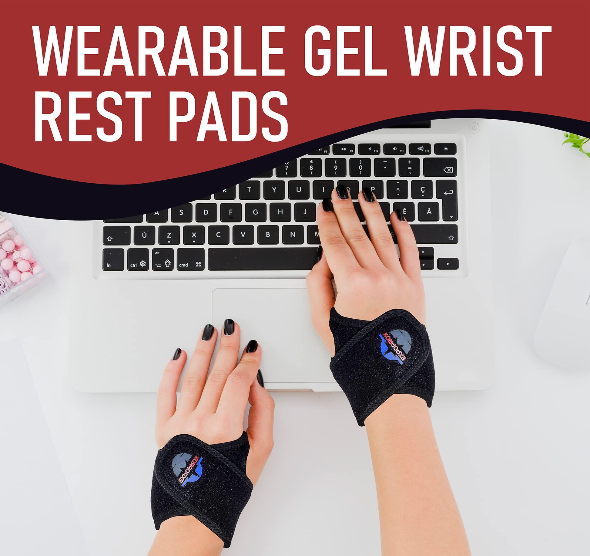 EXPOPROX-Wearable Wrist Rest Pads, 2 Pc. Set, Ergonomic Mouse and Keyboard Support Cushions to Reduce Joint Stress, Tension, and Carpal Tunnel Pain, Adjustable Fit with Padded Comfort