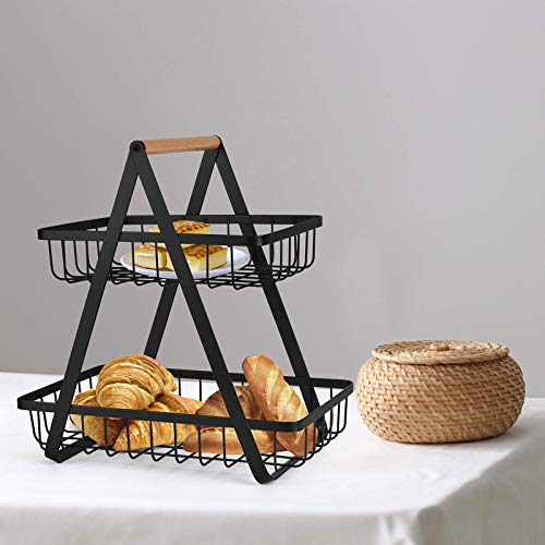 DEFLECTAIR 2-Tier Countertop Fruit Basket Fruit Bowl Bread Basket Vegetable Holder for Kitchen Storage, Black