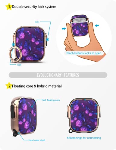 GuarzFun case for AirPods 1st & 2nd Case, Secure Lock Airpod case with Lock lid Keychain Clip, Full Body Hybrid Material Protective Cover for Men Women (Purple Butterfly)
