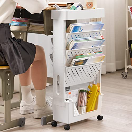 Movable Bookshelf, Rolling Utility Cart Multifunctional Storage Trolley, Multilayer Capacity Bookshelves Organizer, Rotatable Removable Plastic Rolling Organization Shelf