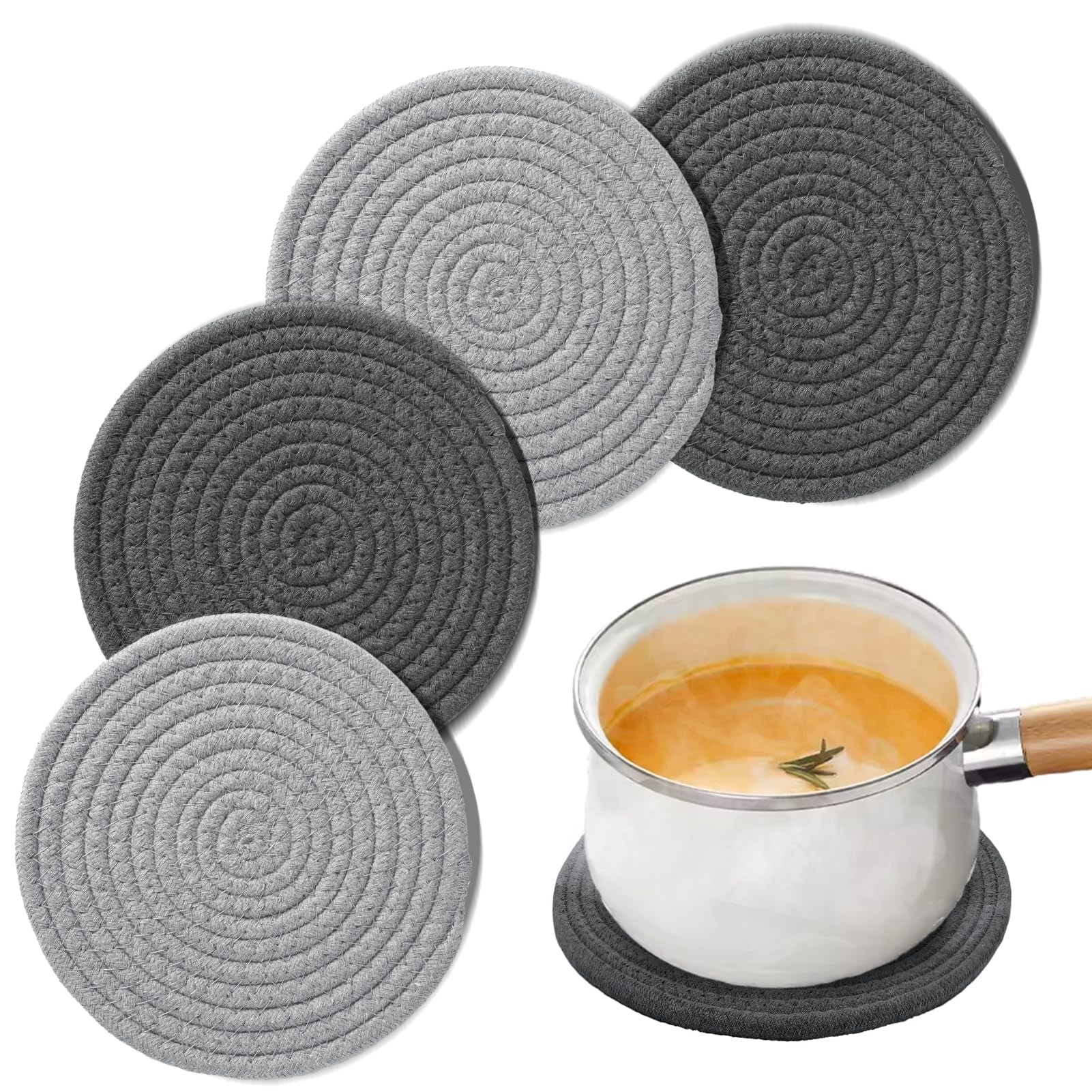 Handmade Trivets for Hot Dishes, Natural Cotton 7'' Hot Plate Mats, BOHO Woven Heat-resistant Pot Pans Holders Set for Kitchen Countertop Home Table Essentials(4 pcs)