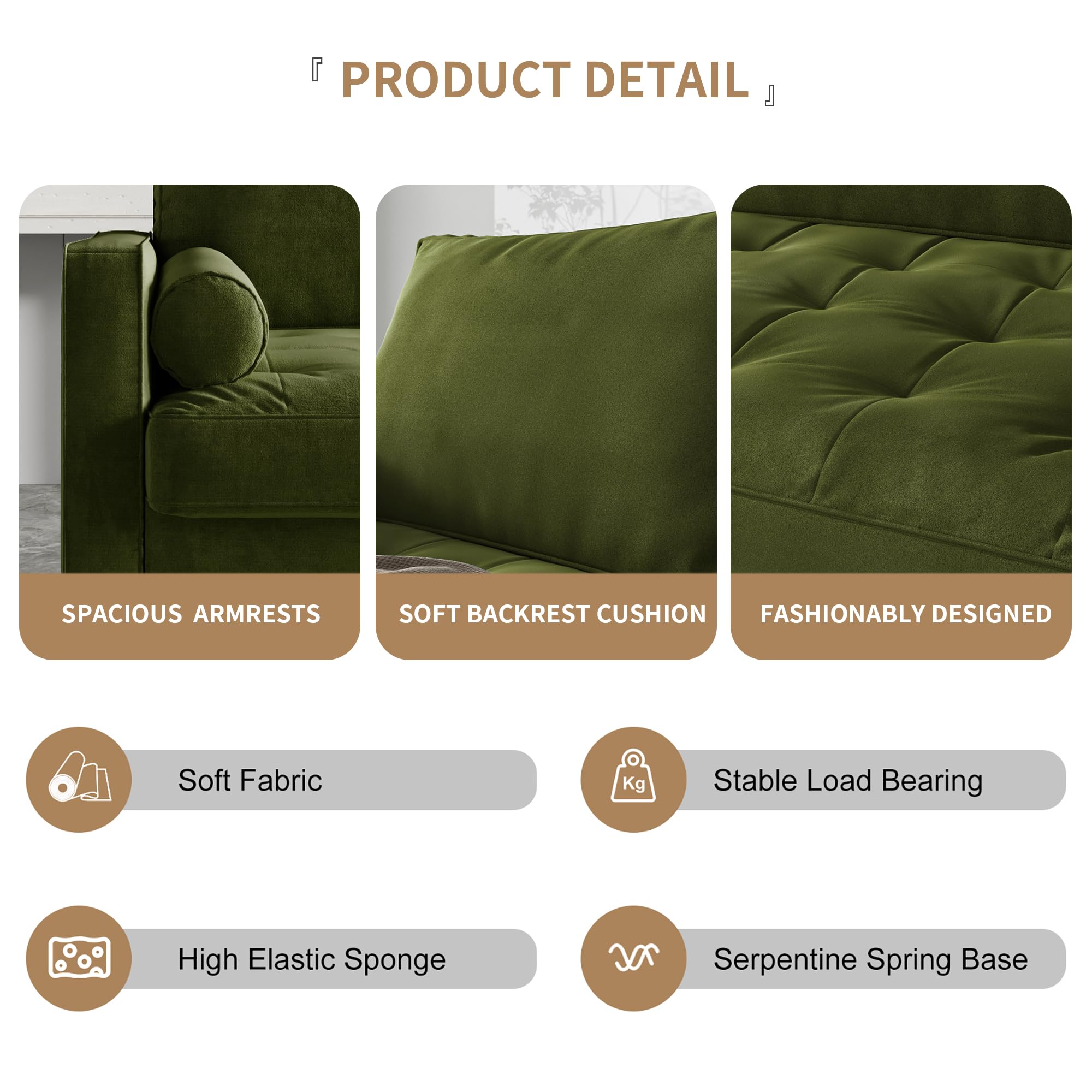 Meeyar 70" Velvet Loveseat Sofa, Couch for Small Apartment, Mid-Century Modern Loveseat Sofas Couches for Living Room Bedroom, Solid Wood Legs, Square Arms(Olive Green, 70")