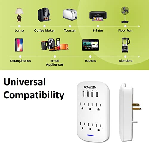 GoGreen Power (GG-16000USB4) 6 Outlet 2.4 AMP USB Wall Tap Adapter with USB Ports and Surge Protection, 735 Joules Surge Rating, White