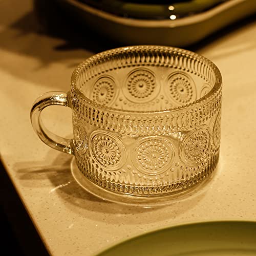 LUXU Vintage Glass Coffee Mugs 14oz Set of 4 Clear Glass Tea Cups,Stackable Glass Coffee Cups,Cute Coffee Bar Accessories,Iced Coffee Glasses,Clear Embossed Glass Cups for Cappuccino,Latte,Beverages
