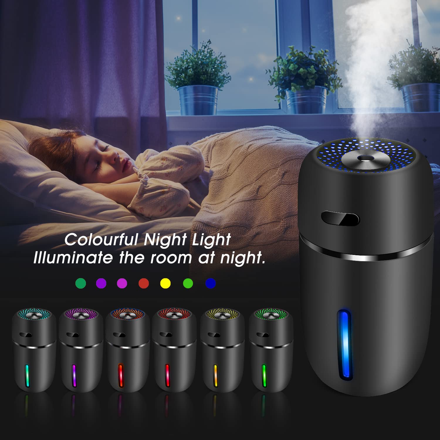 USB Car Humidifier, 200ml Mini Portable Humidifiers with 7 Colors LED Night Light, Quiet Operation, Adjustable Mist Modes for Bedroom Home Baby Office Car(Black)