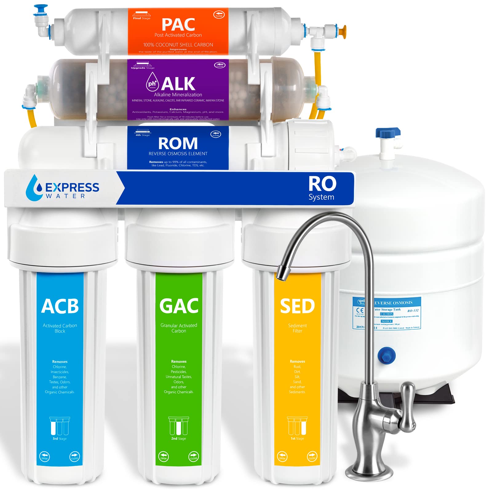Express Water Reverse Osmosis Alkaline Water Filtration System 10 Stage RO Water Filter with Faucet and Tank – Under Sink Water Filter with Alkaline Filter for added Essential Minerals 50 GPD