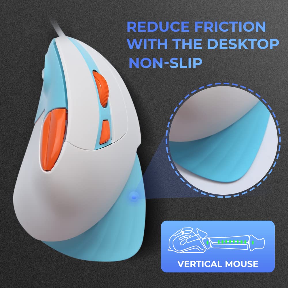 DAREU Vertical Ergonomic 89g Lightweight Optical Mouse, USB Wired RGB Gaming Mouse Reduce Wrist/Hand Strain, 1000/1600/3200/6400 DPI, 6 Buttons for Laptop, Desktop, PC, Mac (White&Blue)