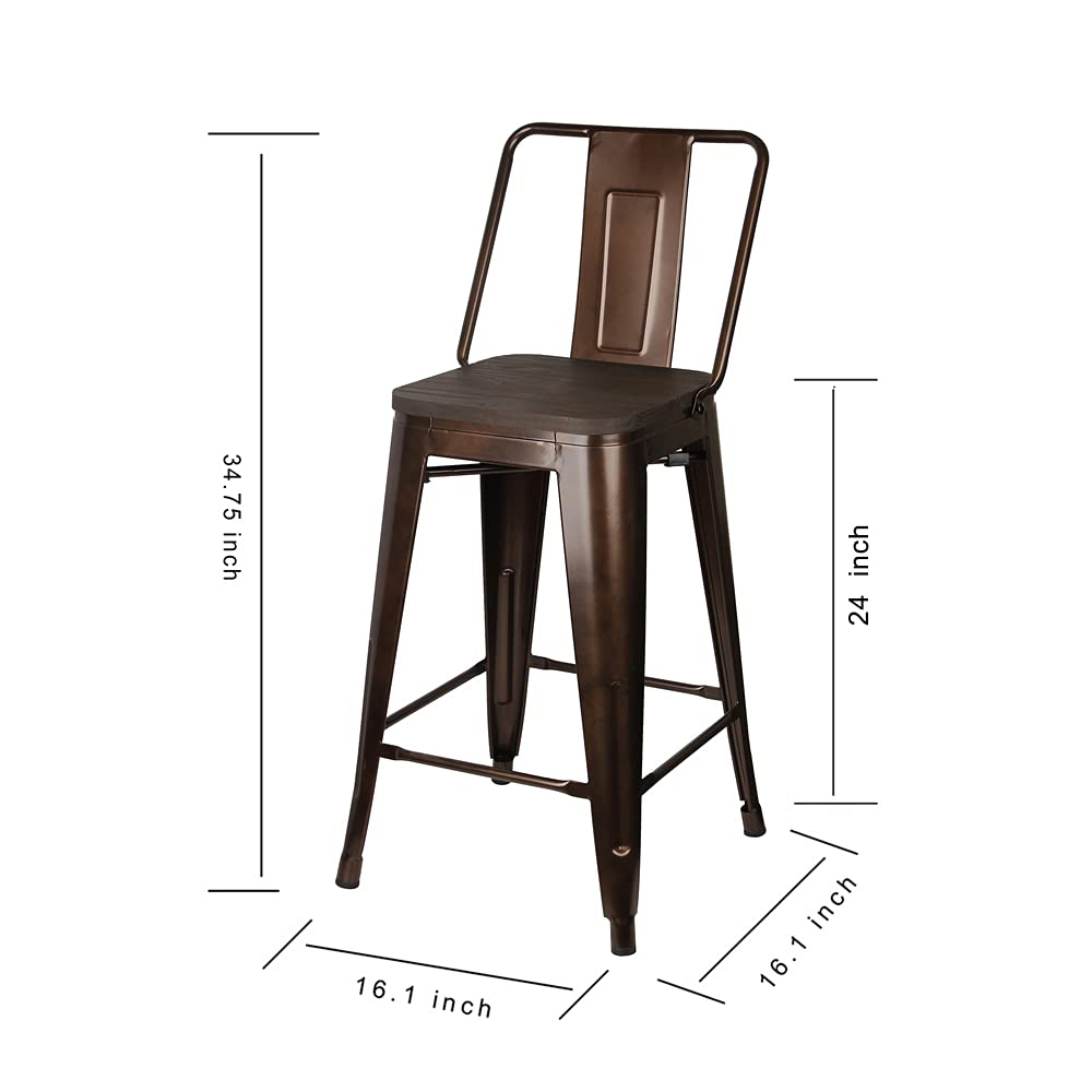 LEEJAY Commercial Grade Indoor Metal Bar Stools Set of 4, 24 Inch High Back, Gun Gray Counter Height Patio Barstools with Black Padded Cushion, 12"x12" Seat, Extra Durable and Stackable, Easy Assembly