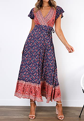 R.Vivimos Women's Summer Short Sleeve Floral Print Bohemian Beach Waist Tie Wrap Long Flowy Dress with Slit (XL, Dark Blue#2)