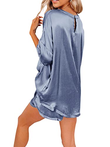 LYANER Women's Satin Silky Pajamas Set Short Sleeve T-shirt With Shorts Set PJs Loungewear Dusty Blue Small