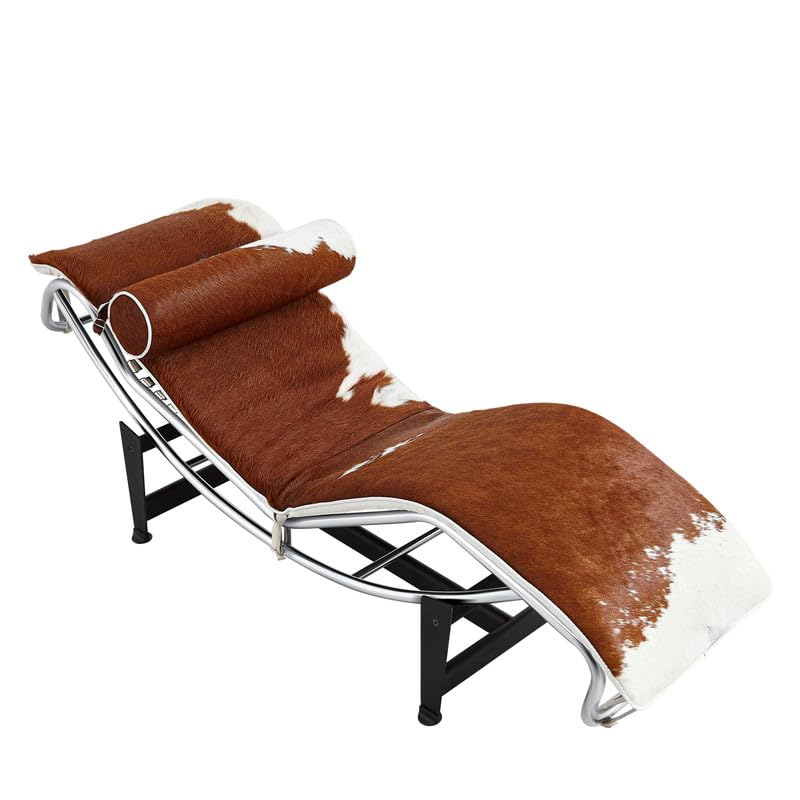 HuPoFun Le Corbusier Style LC4 Chaise Lounge Chair Reproduction - Brown & White Pony Leather