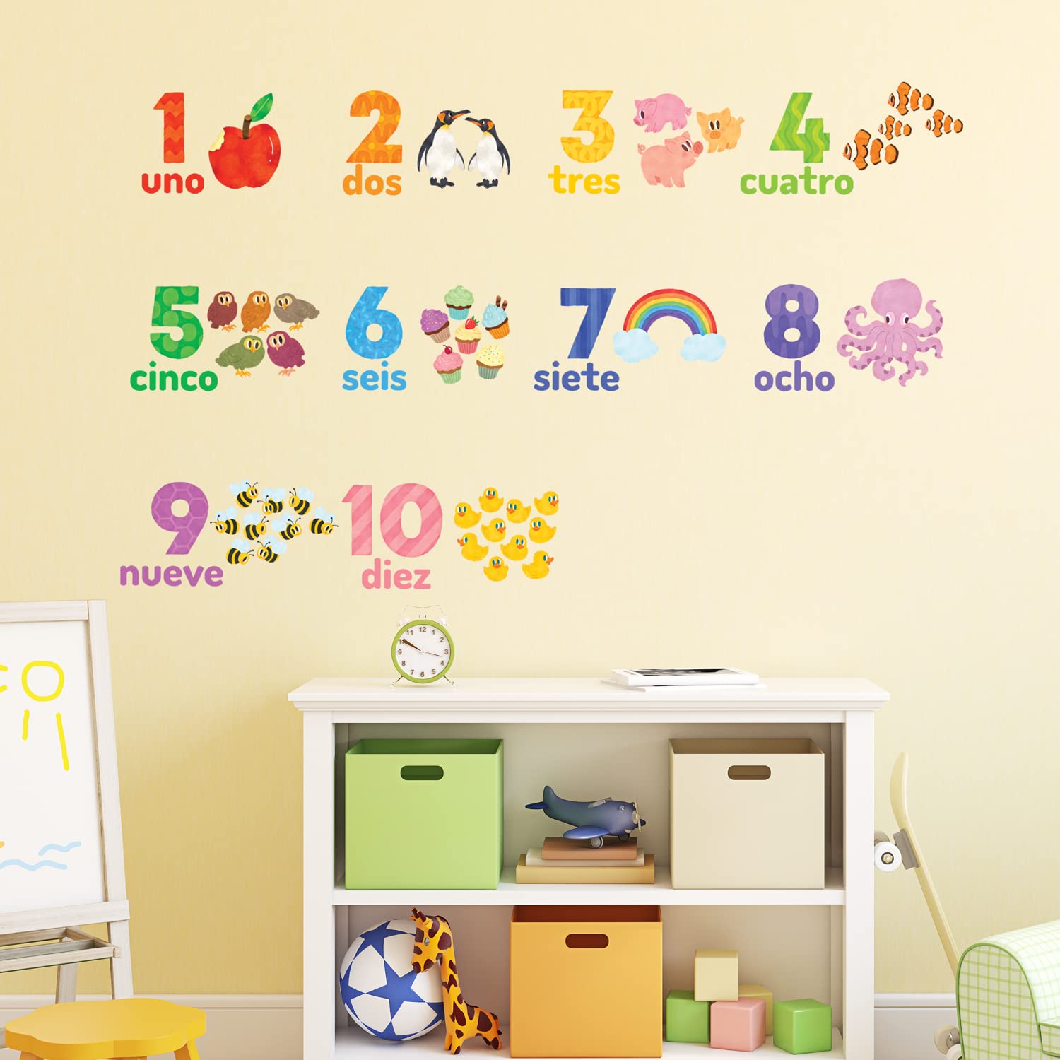 DECOWALL DS-2020ES Numbers Spanish + English Wall Decals Stickers Peel and Stick Removable Wall Stickers for Kids Nursery Bedroom Living Room