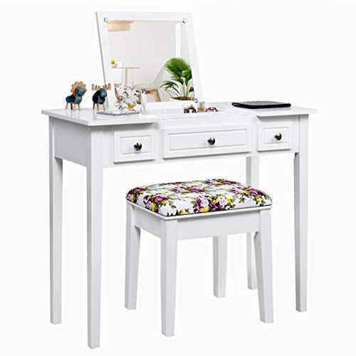 CHARMAID Makeup Vanity Desk with Flip Top Mirror and 3 Drawers, 7 Storage Compartments, White Writing Desk Dressing Table Vanity Set with Cushioned Stool for Kids Girls Women, Easy Assembly