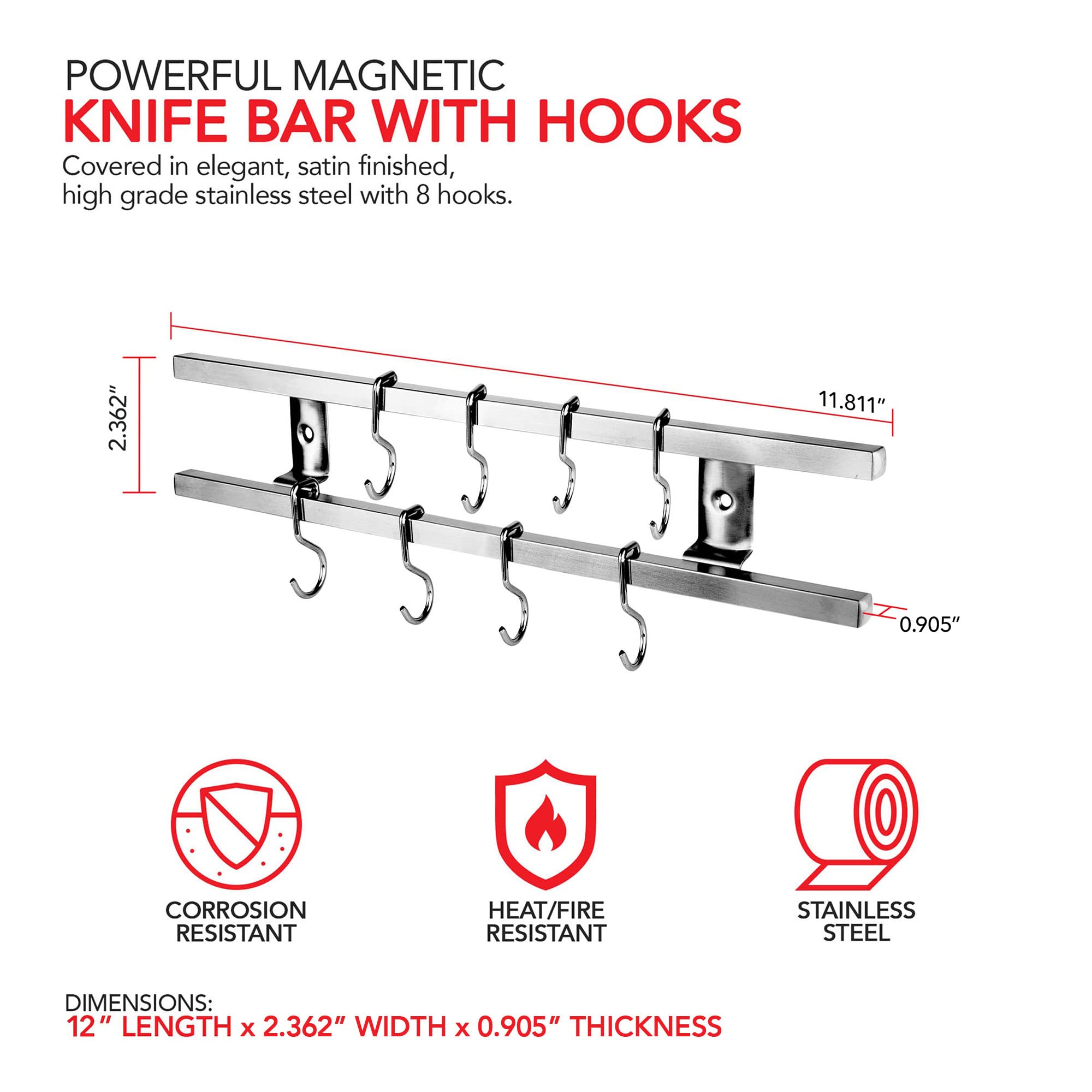 Modern Innovations (12 Inch) Stainless Steel Metal Magnetic Knife Holder, Wall Mount Double Bar with 8 Hooks - Multipurpose Knife Magnetic Strip, Utensil hanger, and Kitchen Storage Rack Magnet