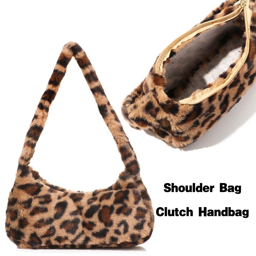 Cofordos Women Cute Soft Plush Leopard Print Clutch Handbag Shoulder Bag Crossbody Purse(leopard)