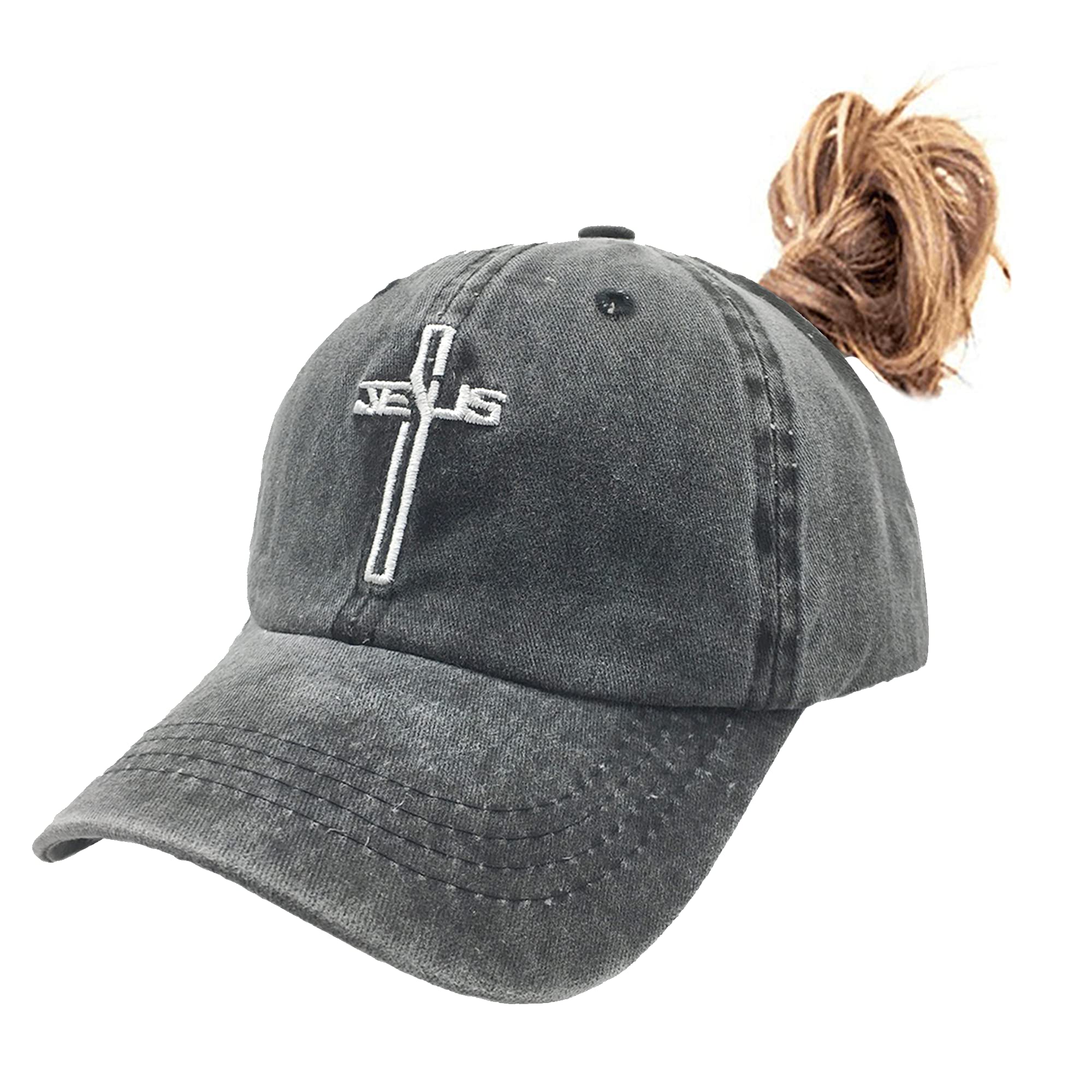 Christian Jesus Cross Hat, Embroidered Ponytail Baseball Cap for Women