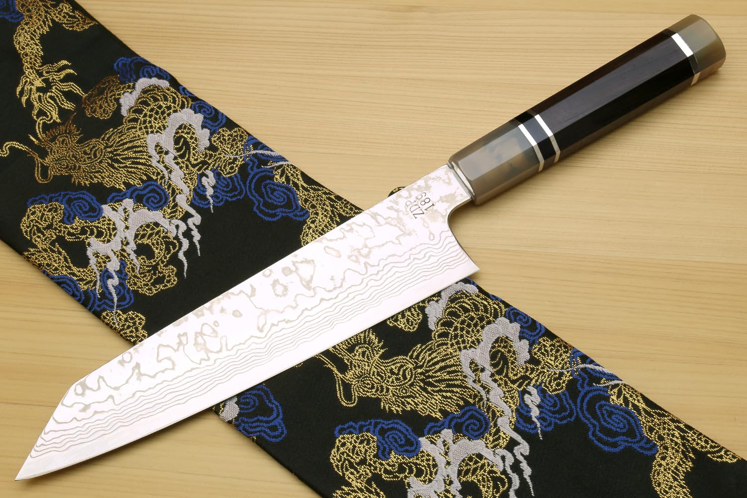 Yoshihiro Hayate ZDP189 Suminagashi Super High Carbon Stainless Steel Kiritsuke Knife Octagonal Ebony Wood Handle with Triple Ring (8.25" (210mm))