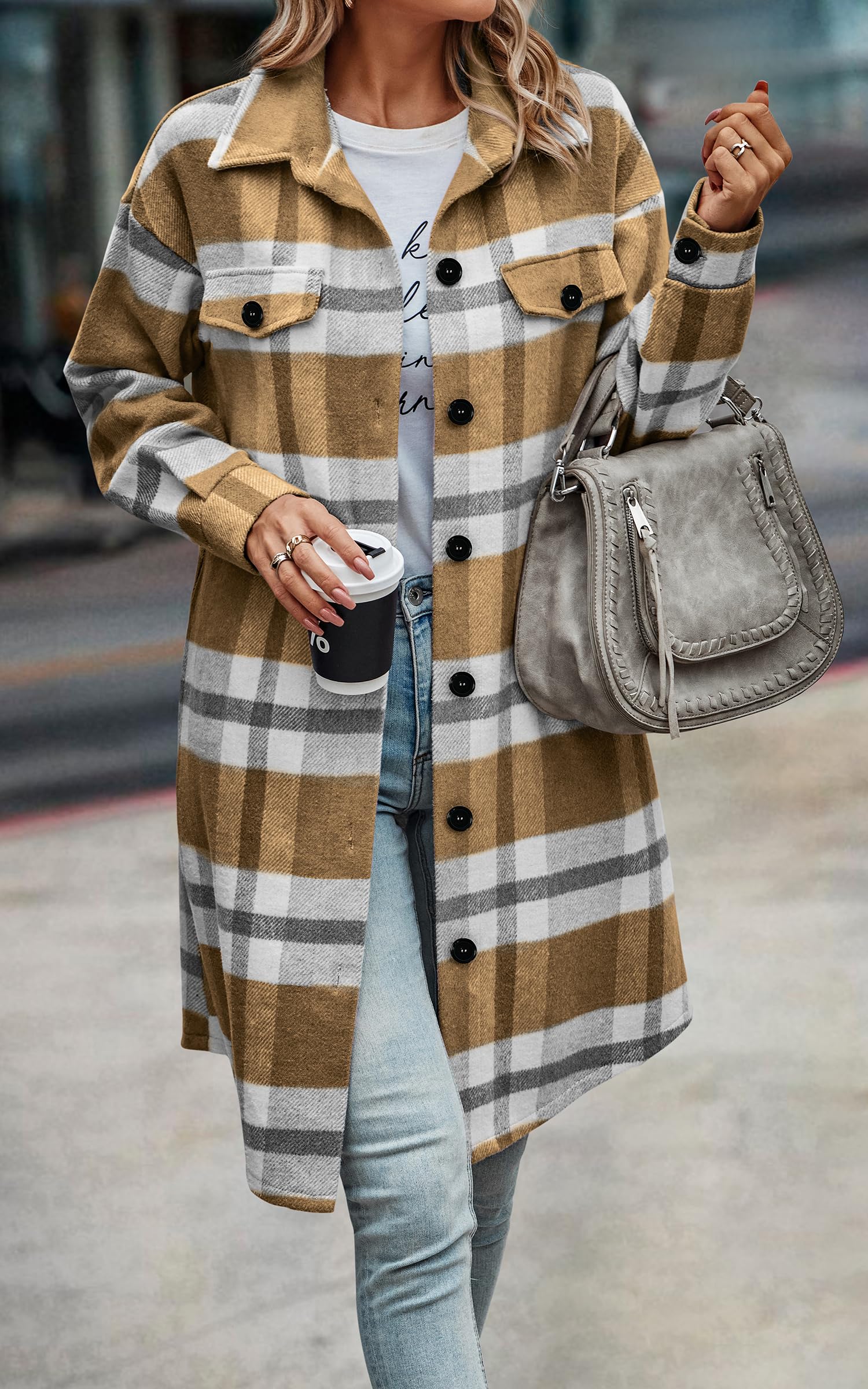 CCTOO Womens Plaid Flannel Shacket: 2023 Long Sleeve Trench Shirt Winter Tartan Jacket Woolen Lapel Neck Button Down Pea CoatsSmall140Yellow P