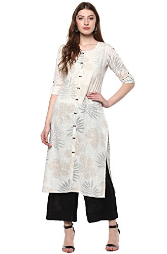 Janasya Indian Women's Tunic Tops Cotton Kurti for Women(JNE2171-KR-437-M) Off-White