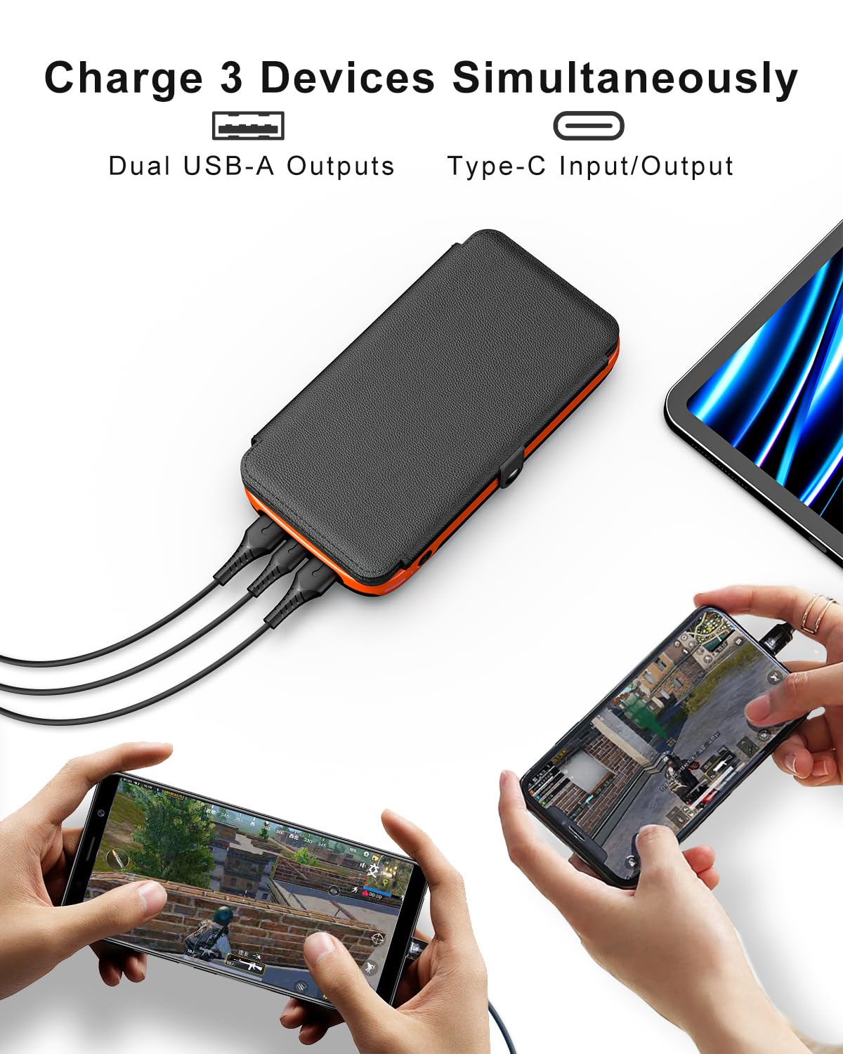 CONXWAN Solar Charger 27000mAh Power Bank with 4 Solar Panels & 3 USB Outputs, 3A Fast Charging Portable Charger USB C External Battery Pack Compatible with Smartphones Tablets