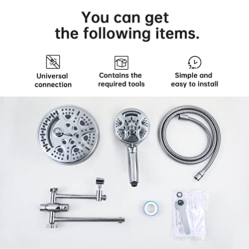 G-promise 8" Rain Shower Head with Handheld, 6+9 Setting Luxury 3-Way Combo with 11" Adjustable Extension Arm and Extra Long Stainless Steel Hose