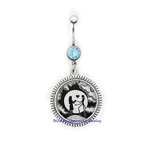 Christmas Belly Ring,Jack and Sally Image Belly Button Ring,Christmas Gift,Valentine Belly Button Ring,Unique Gift,Art Glass Dome Belly Button Ring,Bridesmaid Gift Birthday gift-JV264
