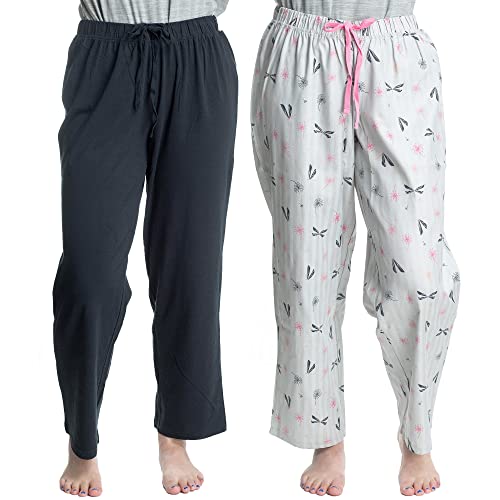 Hanes Women's 2-Pack Solid and Pattern Sleep Pajama Pant Set, Black/Dragonfly, Petite/X-Small