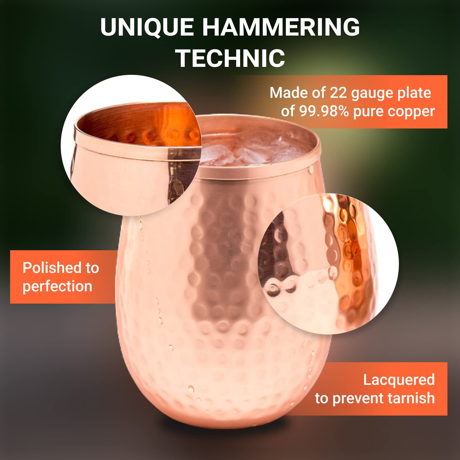 Copper wine glasses set of 4 β 17oz gleaming 100% solid hammered copper stemless wine cups β Valent for men and women β great copper tumblers for red or white wine and Moscow mules.