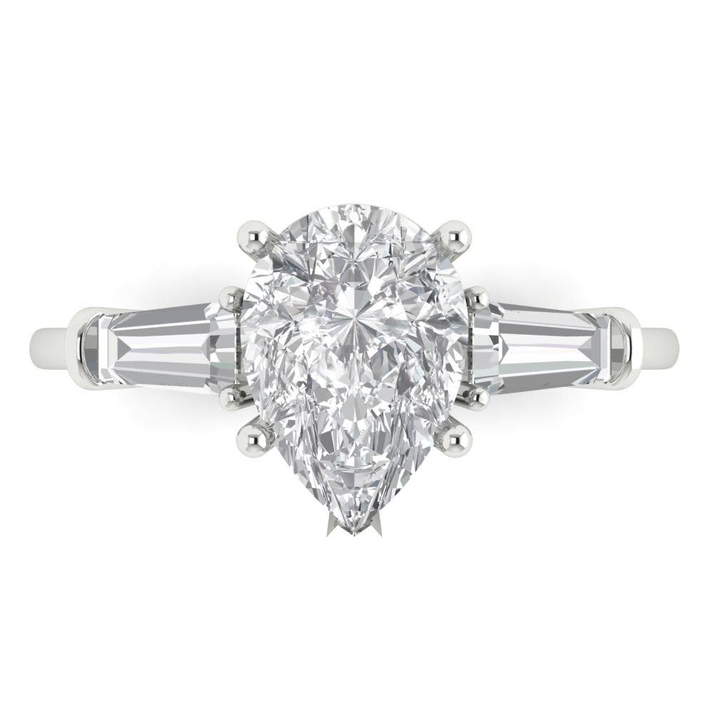 Clara Pucci 2.47ct Pear Baguette cut 3 stone Solitaire Stunning White lab created Sapphire Modern Ring 14k White Gold 5.5