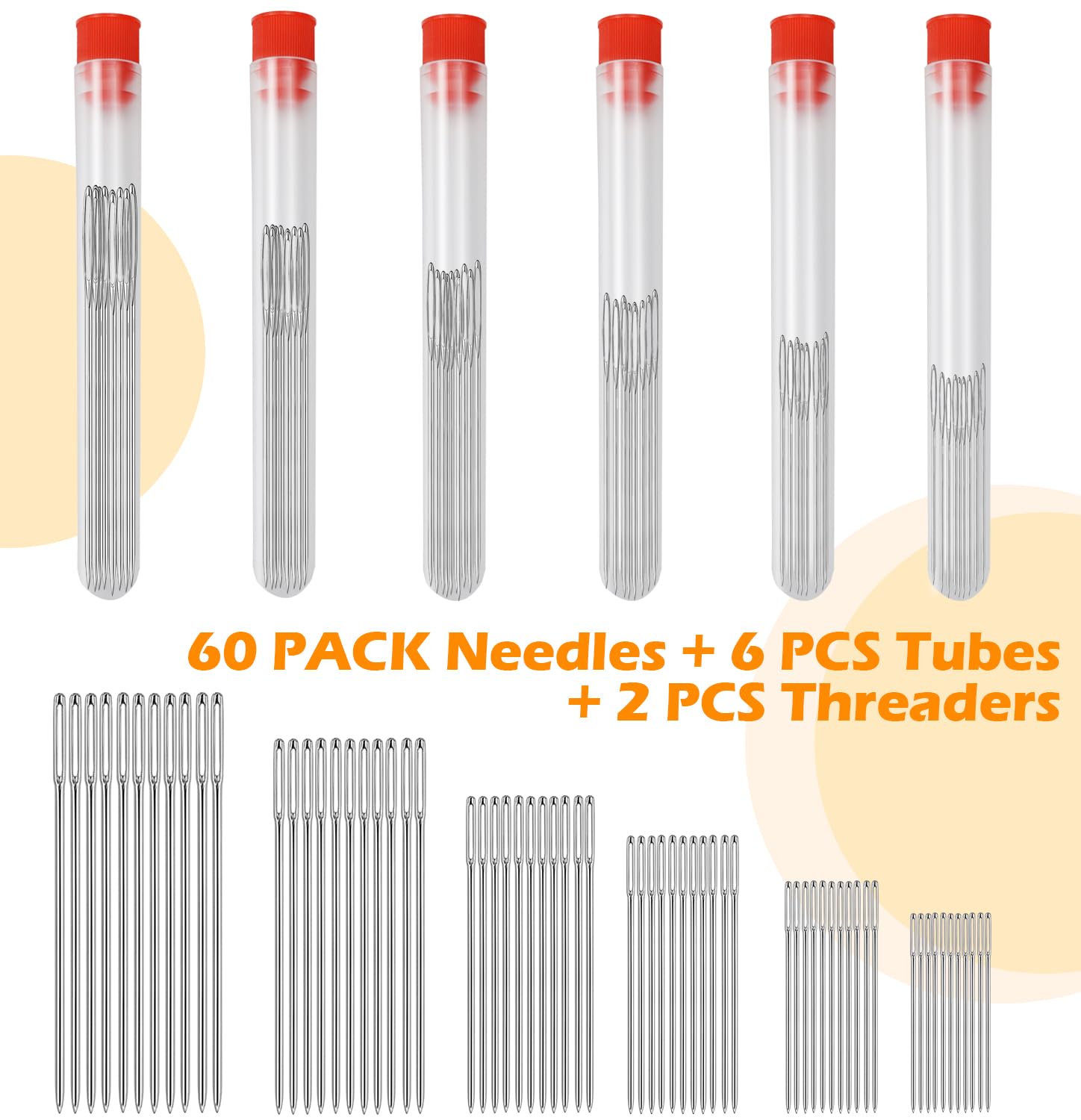 FIVEIZERO 60 PCS Large Eye Sewing Needles, 6 Sizes Hand Sewing Needles, Leather Needle Embroidery Thread Needle, Stainless Hand Quilting Needles with Threaders for Hand Sewing Art Crafts