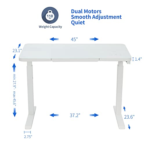 FARRAY Glass Standing Desk with Wireless Charging, 45 x 23 Inch Dual Motor Electric Height Adjustable Desk with Drawer, Touch Control Panel, Power Strip & USB Ports, White Sit Stand Desk