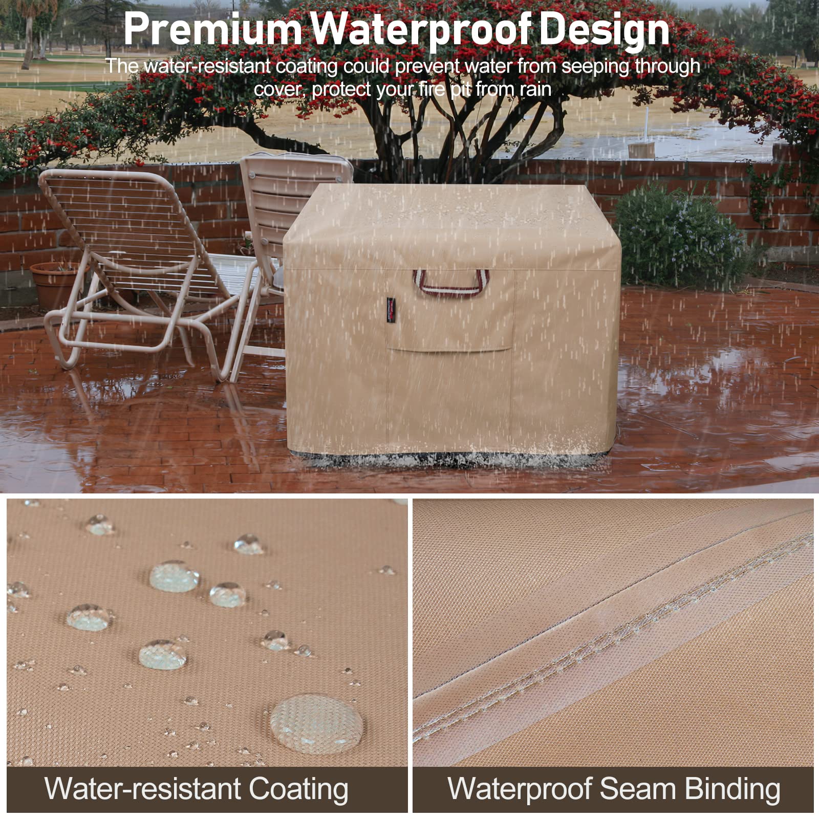 Fire Pit Cover Square - 42-44 Inch Heavy Duty 900D Strong Tear-resistant and UV Resistant and Waterproof and Fading Resistant Material Polyester Firepit Covers Square for Outdoor Fire Table - Wheat