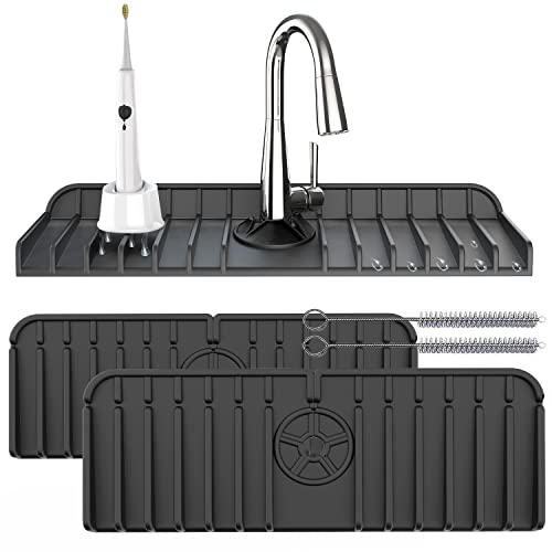 Decyam Upgrade Kitchen Sink Splash Guard, Silicone Faucet Handle Drip Catcher Tray, Kitchen Sponge Holder Faucet Absorbent Sink Protectors Mat for Kitchen Bathroom Sink Accessories (2 pcs black)